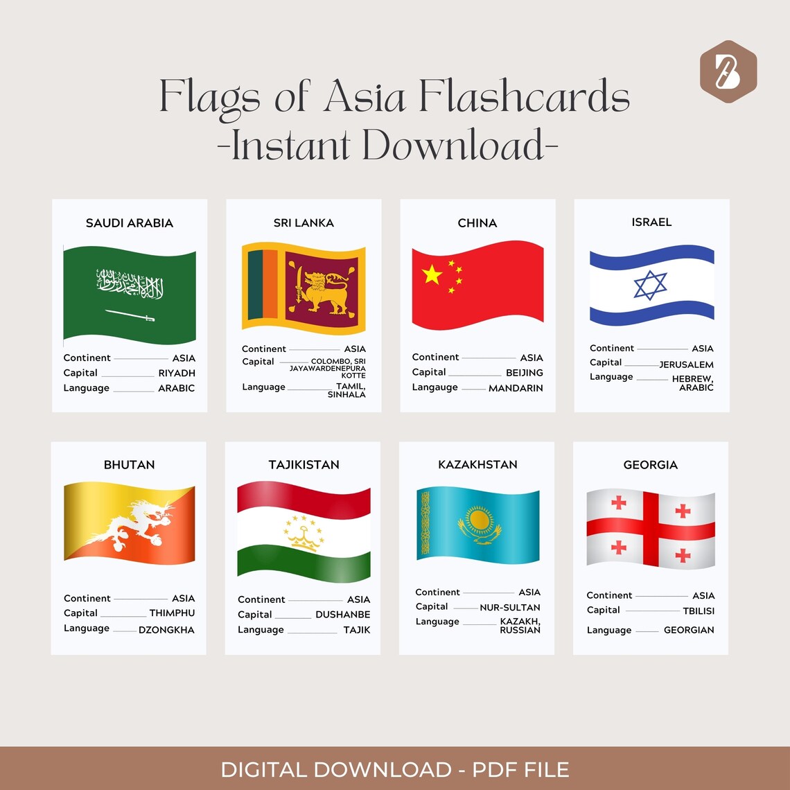 Asia Flags Flashcards 50 Cards, Asian Countries, Asian Capital ...