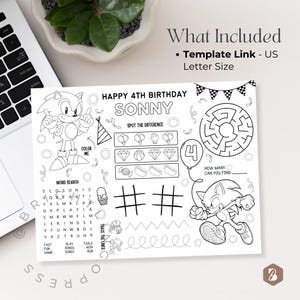 Editable Sonic Birthday Coloring Placemat | Personalized Sonic Puzzle ...