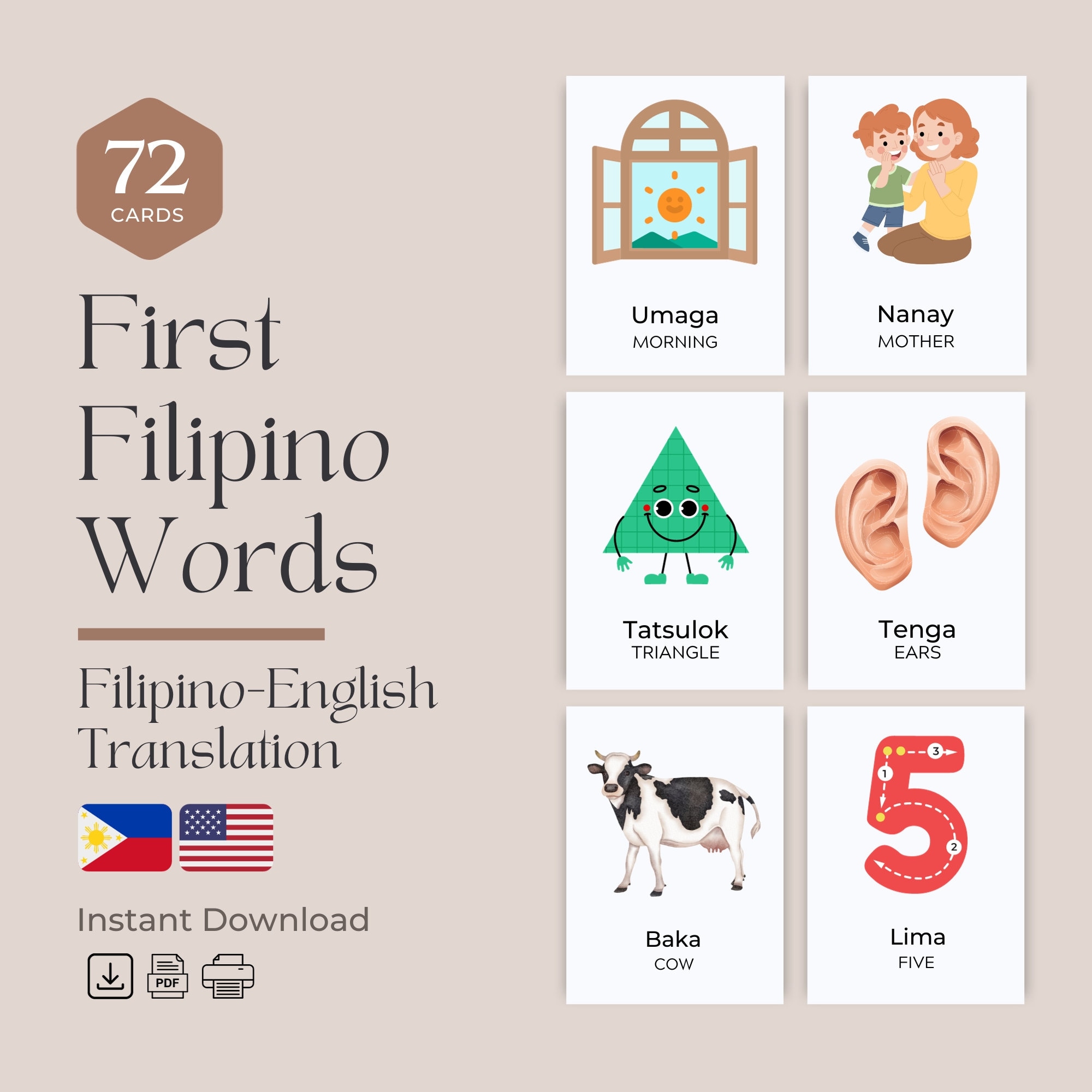 First Filipino Words Flashcards 72 Cards W/ English Translation Tagalog ...