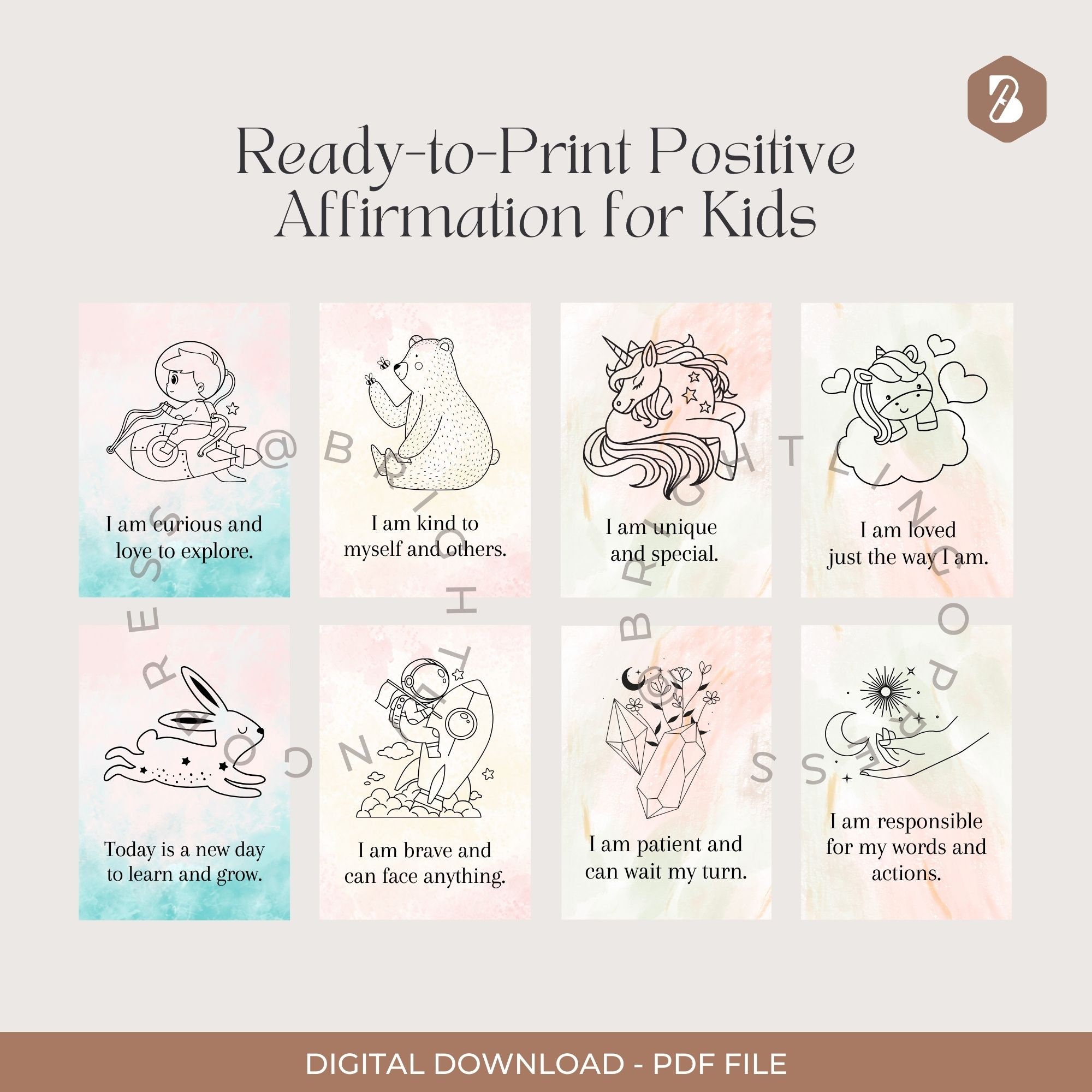 Kids' Positive Affirmation 28 Flashcards Watercolor Cute Printable ...
