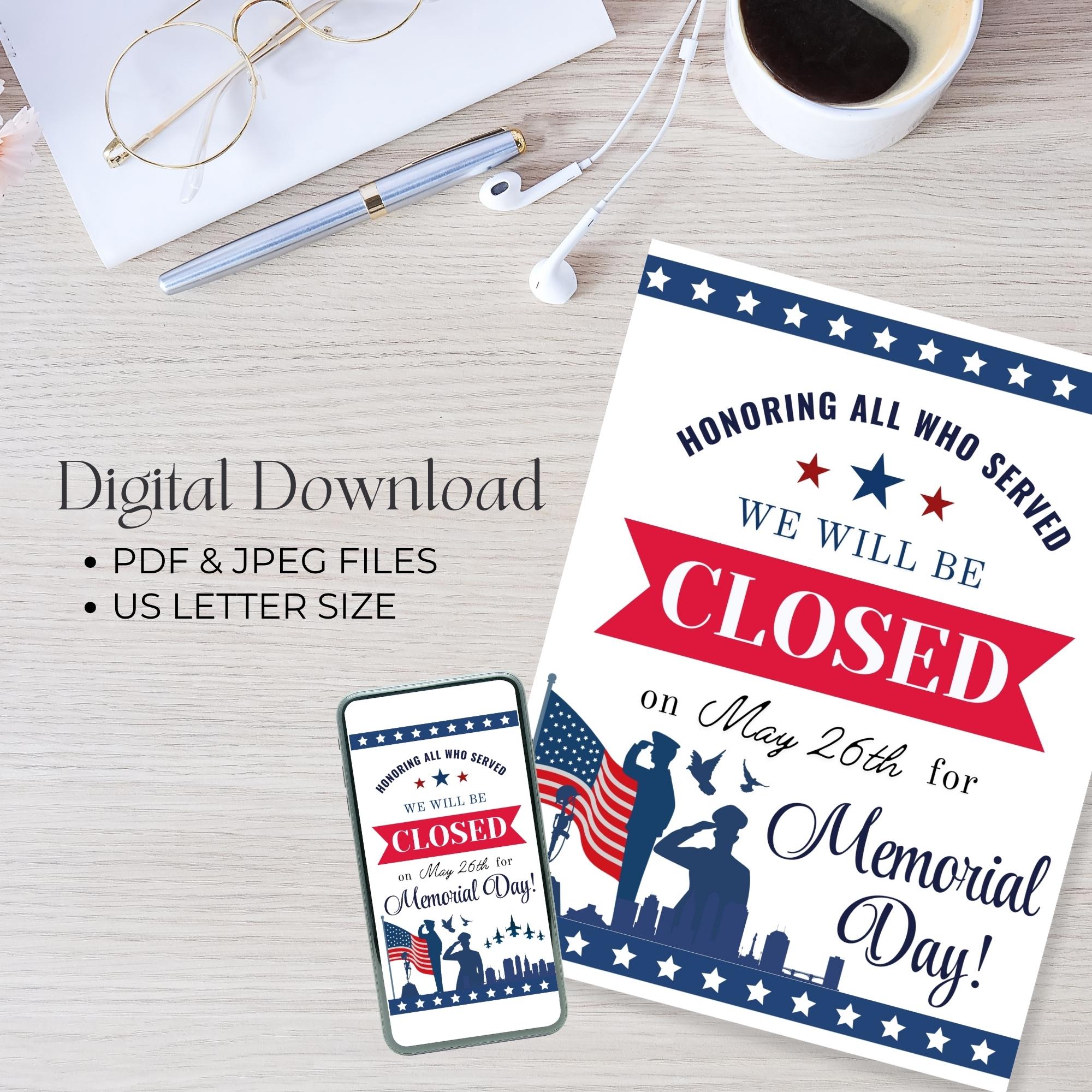 Closed for Memorial Day Store Sign, Memorial Day Sign, Printable Closed ...