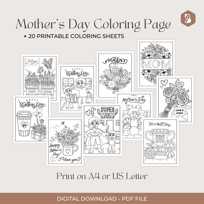 Mother's Day Coloring Pages 20 Sheets Printables Gift for Mom Happy ...