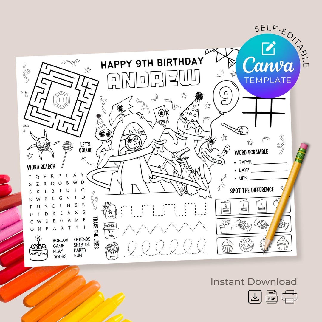 Editable Roblox Birthday Coloring Placemat | Personalized Roblox Party ...