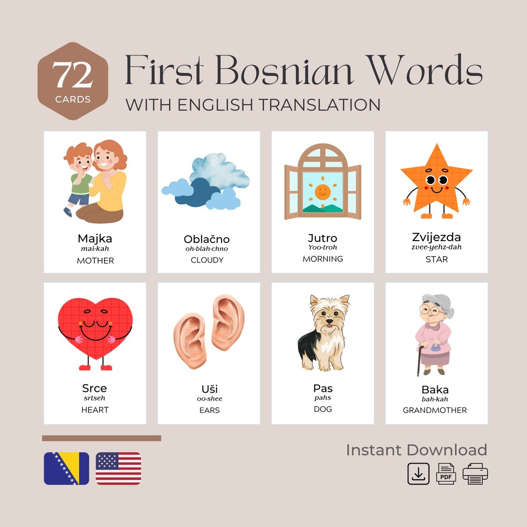 First Bosnian Words Flashcards (72 Cards) W/ English Translation ...