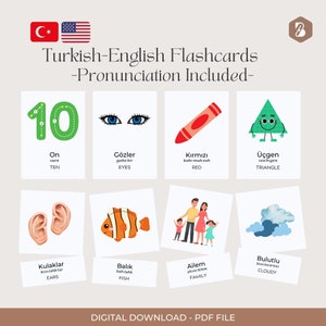 First Turkish Words Flashcards (72 Cards) W/ English Translation ...