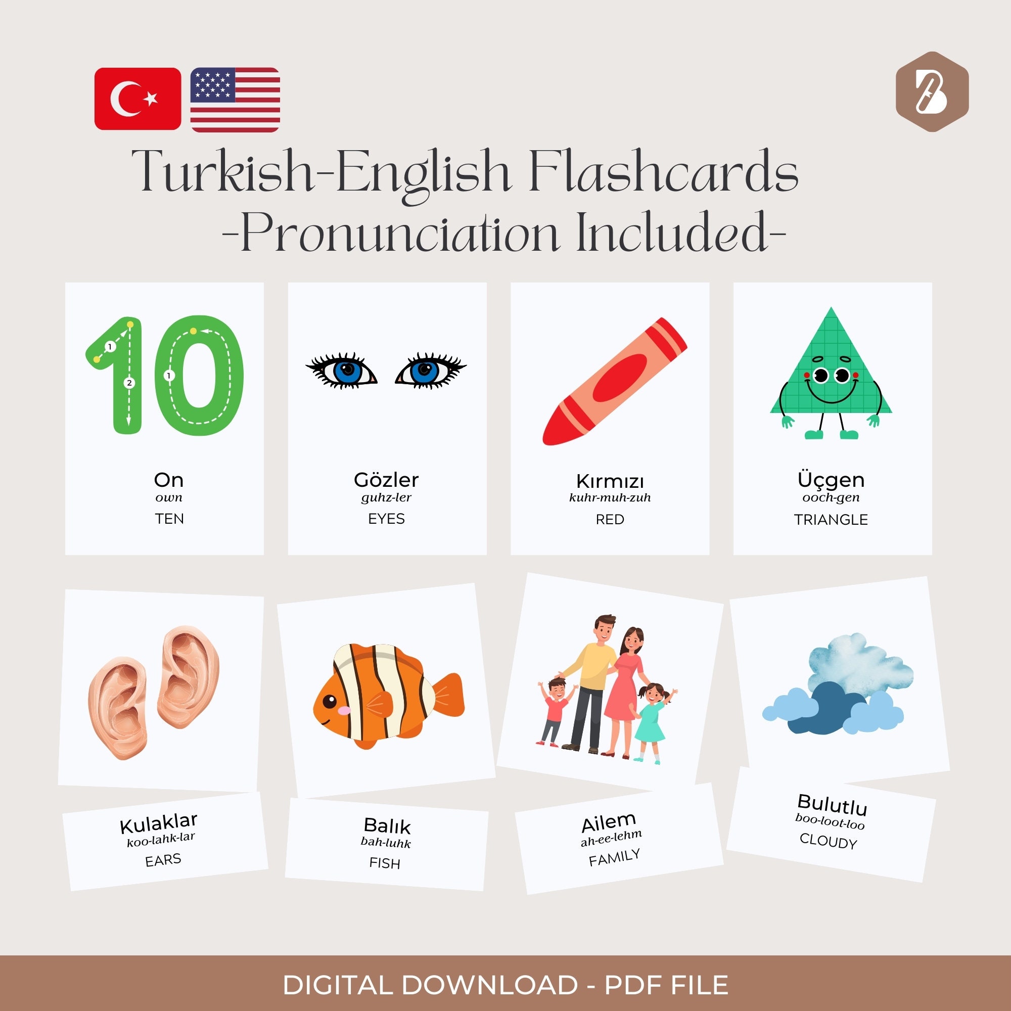First Turkish Words Flashcards 72 Cards W/ English Translation Turkish ...