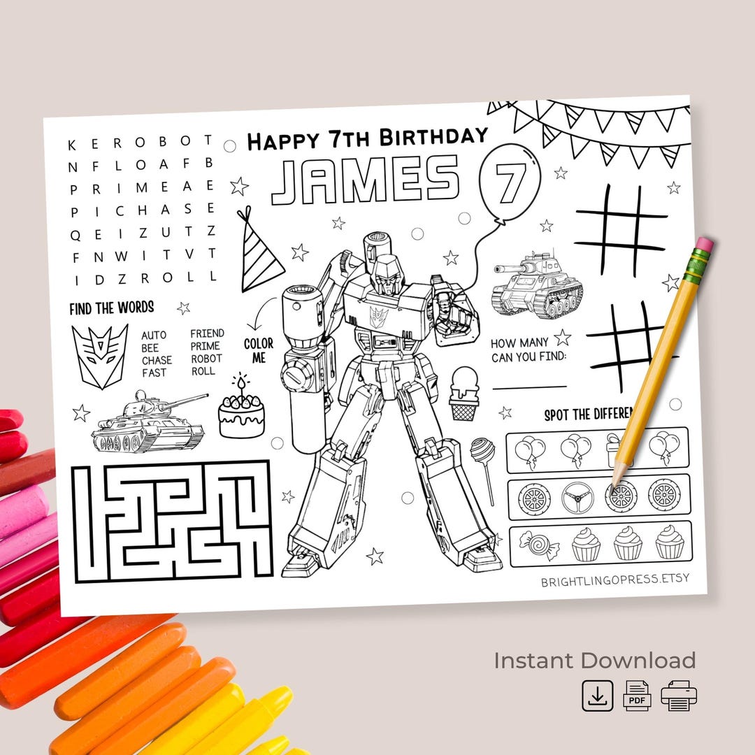 Printable Megatron Transformers Birthday Coloring Placemat Personalized ...