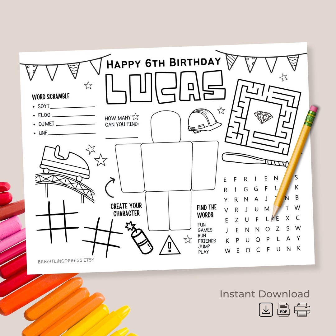 Printable Roblox Birthday Coloring Placemat Personalized Roblox Party ...