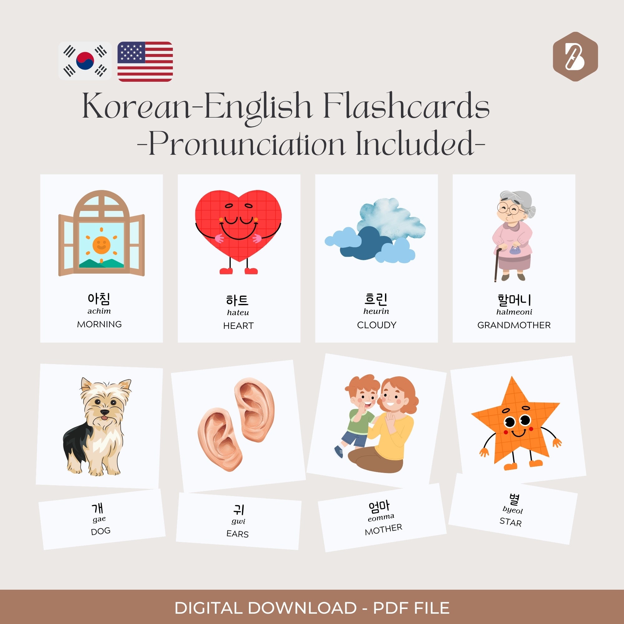 First Korean Words Flashcards 72 Cards W/ English Translation Korean ...