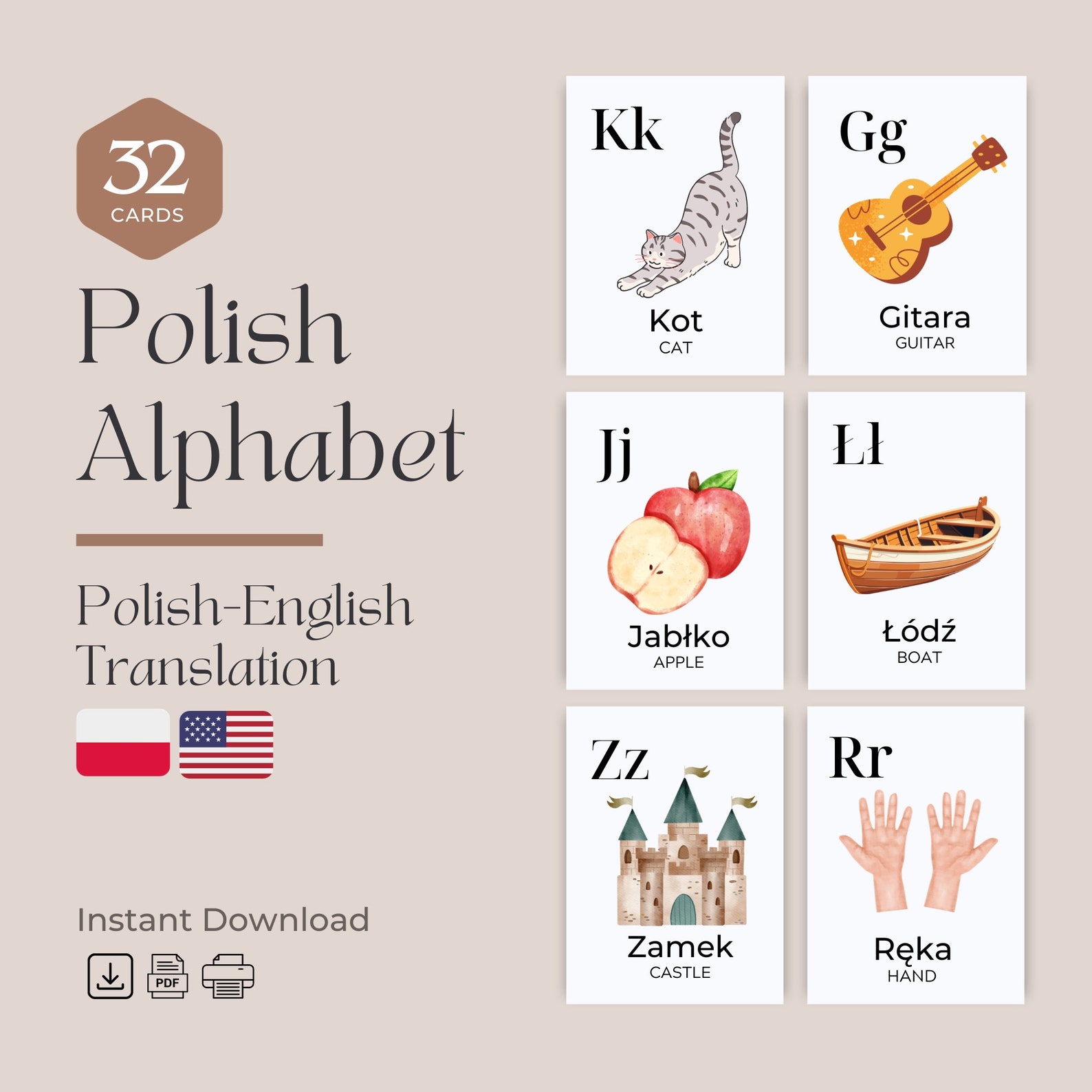 Polish Alphabet (32 Cards) Flashcards | Polish Flashcards Alphabets ...