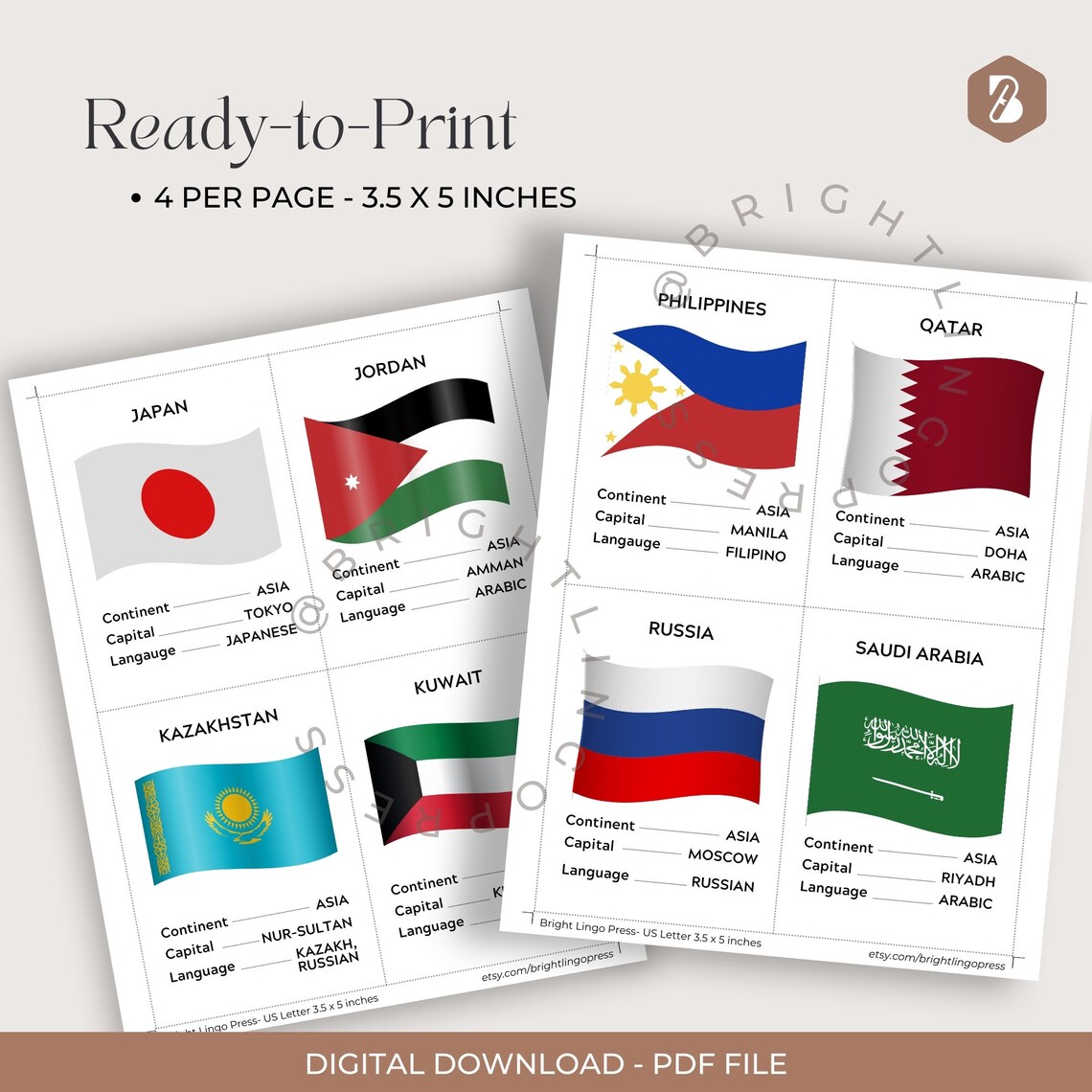 Asia Flags Flashcards 50 Cards, Asian Countries, Asian Capital ...