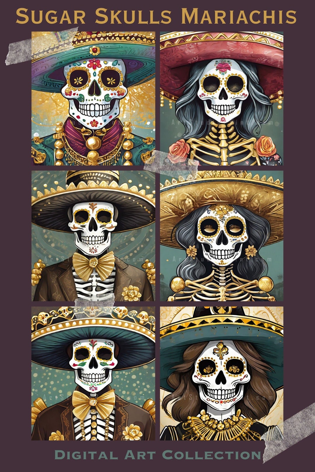 Festive Sugar Skulls Mariachis Digital Art Collection. Dia De Los ...