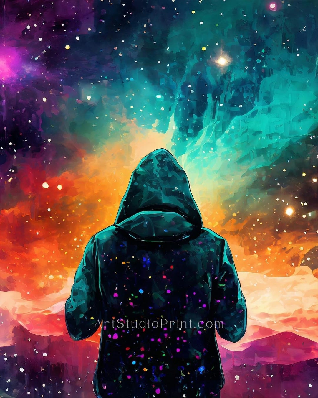 Cybersecurity Hacker Art Print – Cosmic Hacker in Hoodie | Digital ...