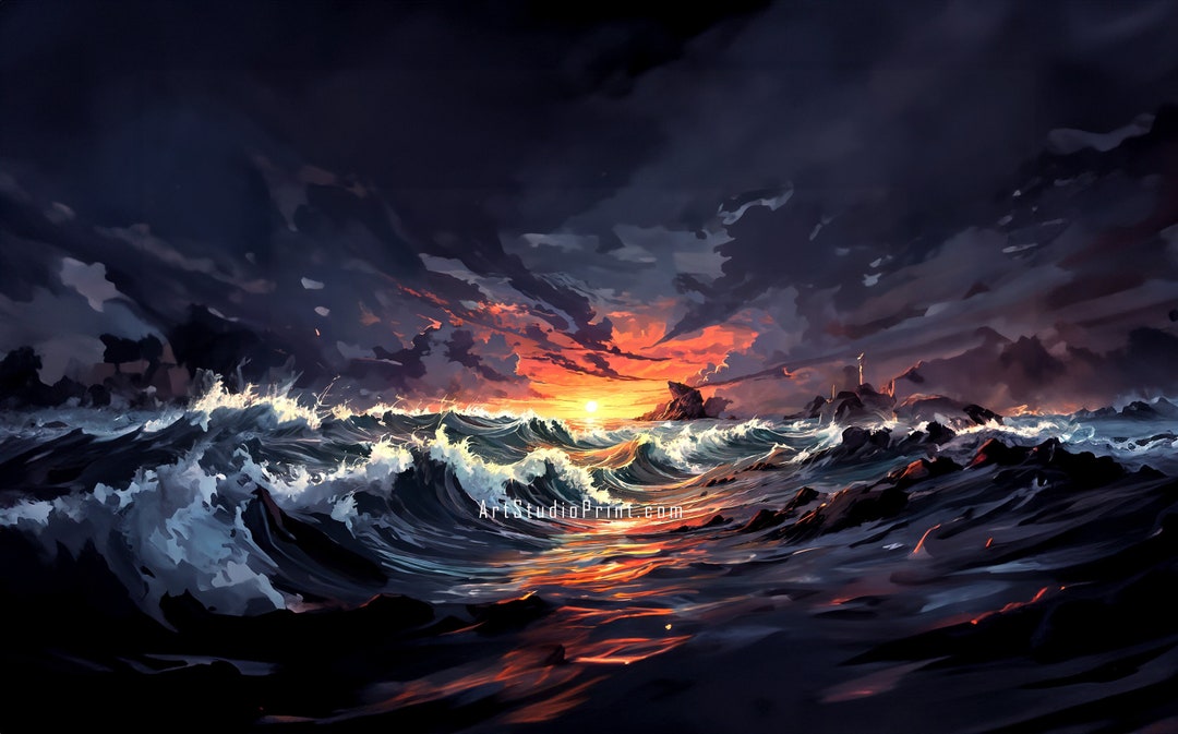 Stormy Sea Night Wall Art, Fine Art, Painting, Ocean, Waves, Sea at ...