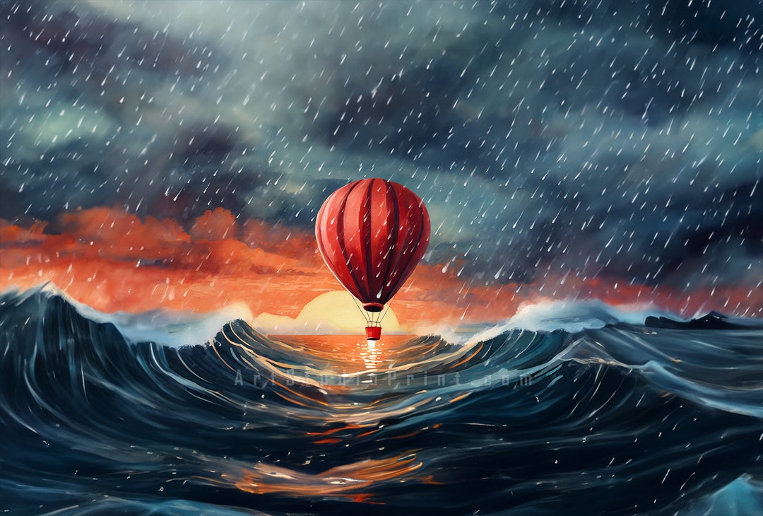 Stormy Seas | Digital Download | Red Hot Air Balloon Over the Rainy ...