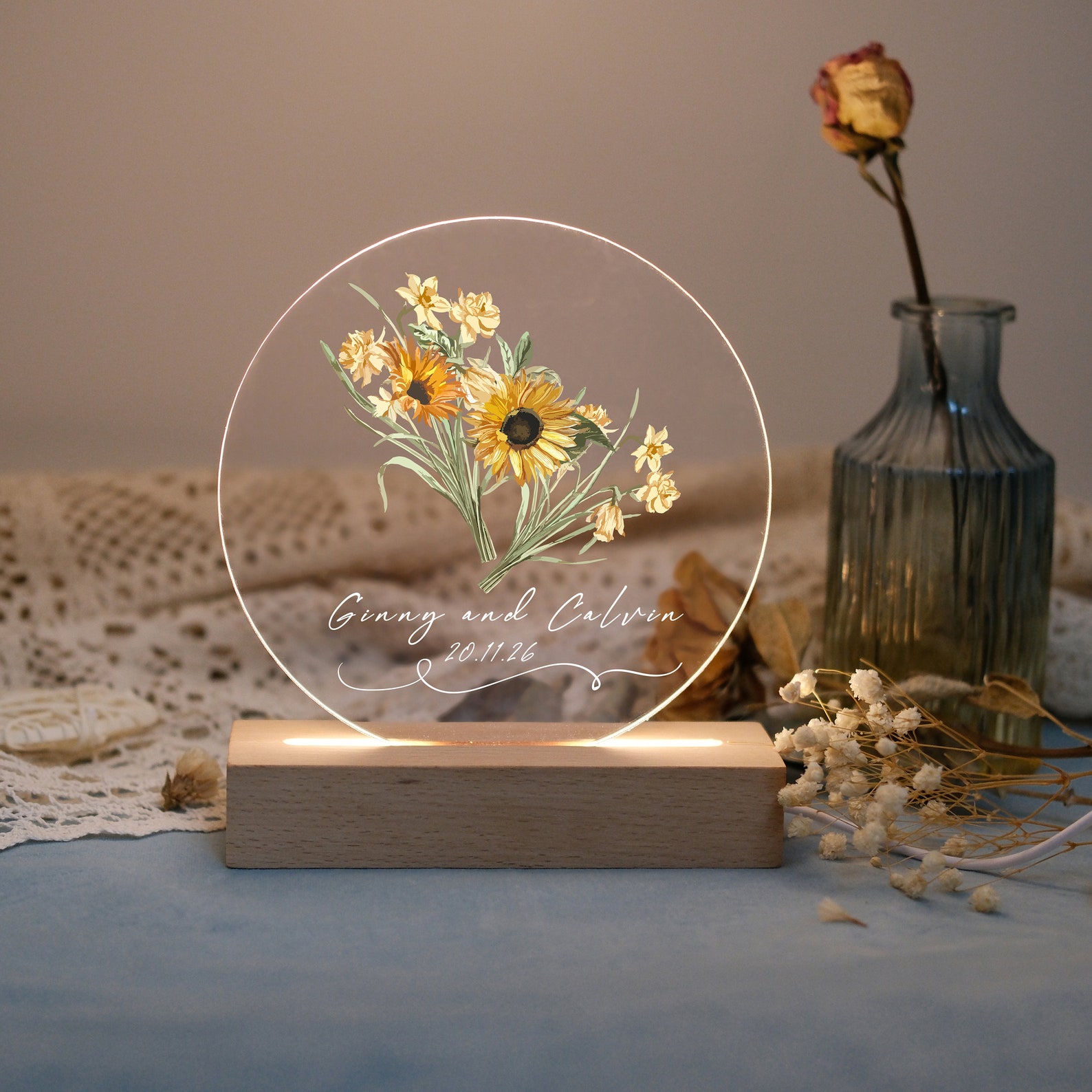 Personalized Sunflower LED Night Light: Custom Couple's Gift - Etsy