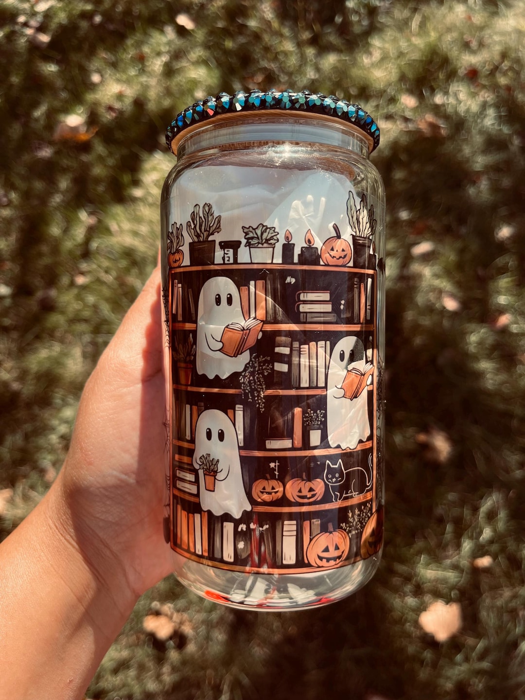 Ghost Library Glass Cup: Halloween Frosted 16oz With Lid & Straw - Etsy