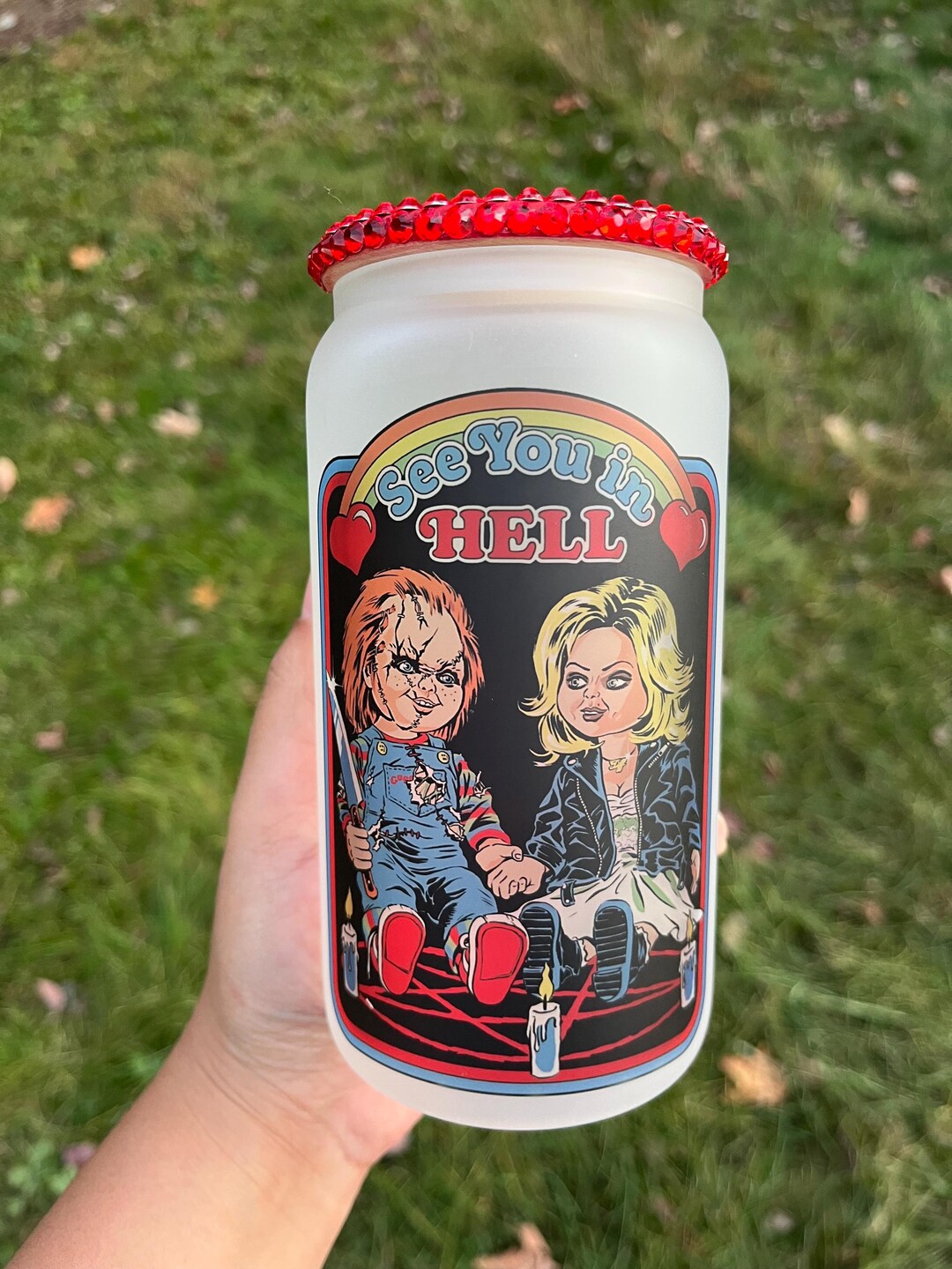 Chucky and Tiffany Halloween Cup, Glass Cup With Bling Lid and Straw ...