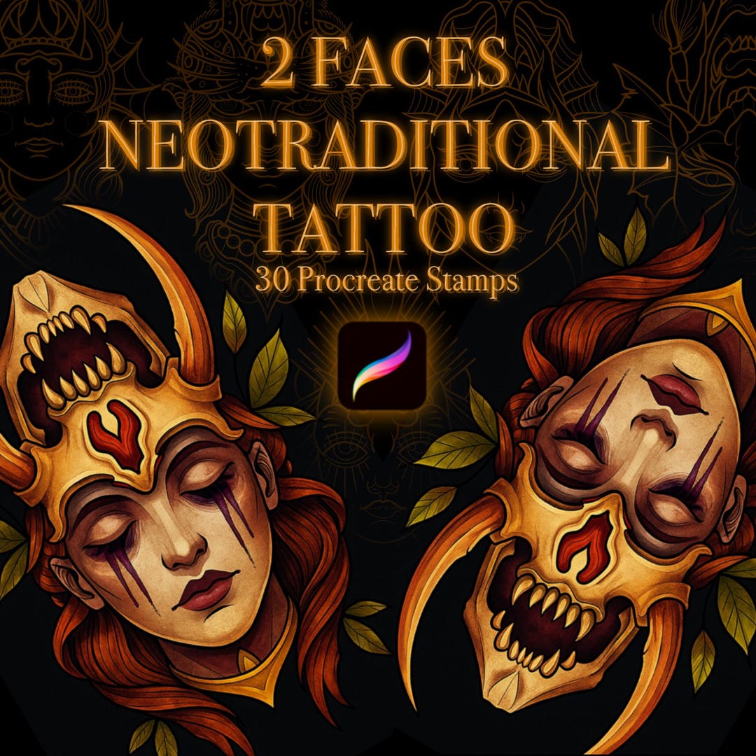 2 Faces Neotraditional Tattoo Designs 30 Stamps Pack | Neotradi Stamps ...