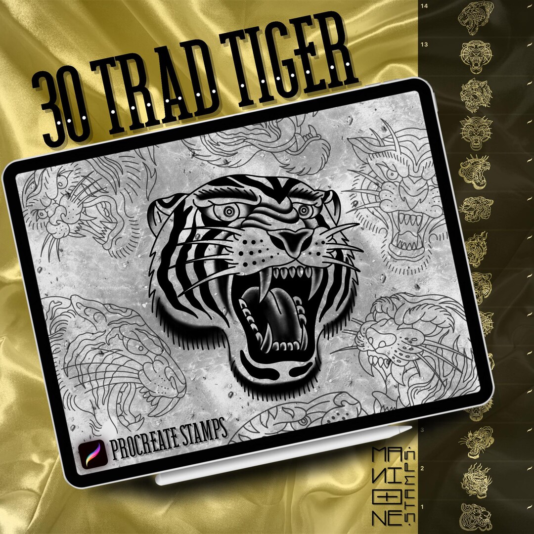 Tiger Traditional Tattoo Designs 30 Stamps Pack | Tiger Stamps | Tiger ...