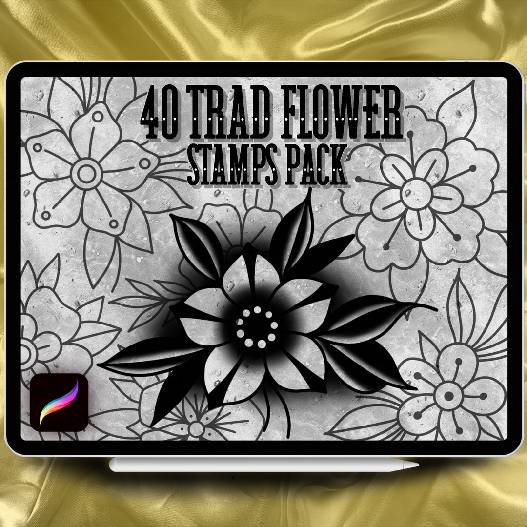 Flower Traditional Tattoo Designs 40 Stamps Pack | INSTANT DOWNLOAD ...