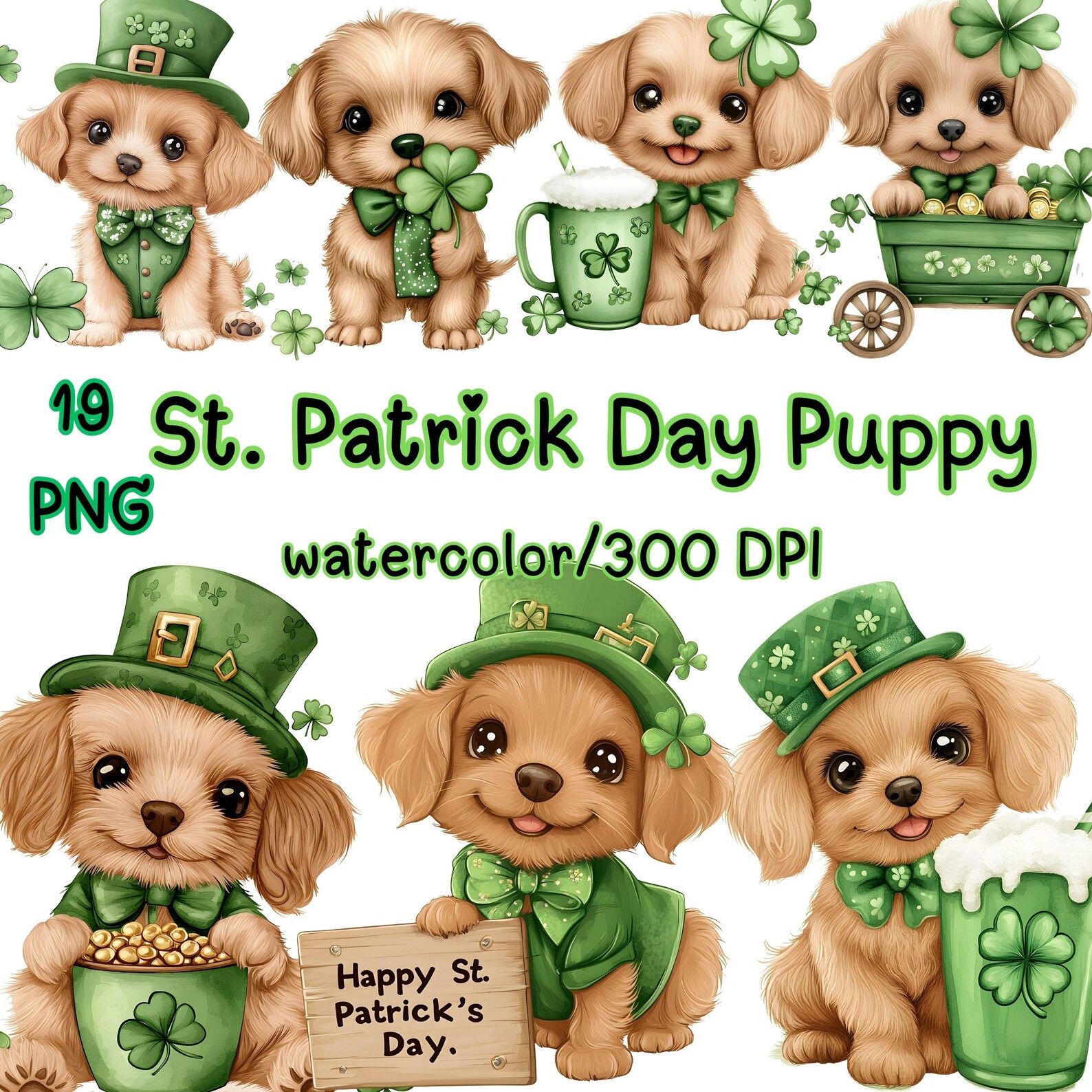 St Patrick's Day Puppy Clipart, Watercolor St Patrick's Dog PNG, Puppy ...