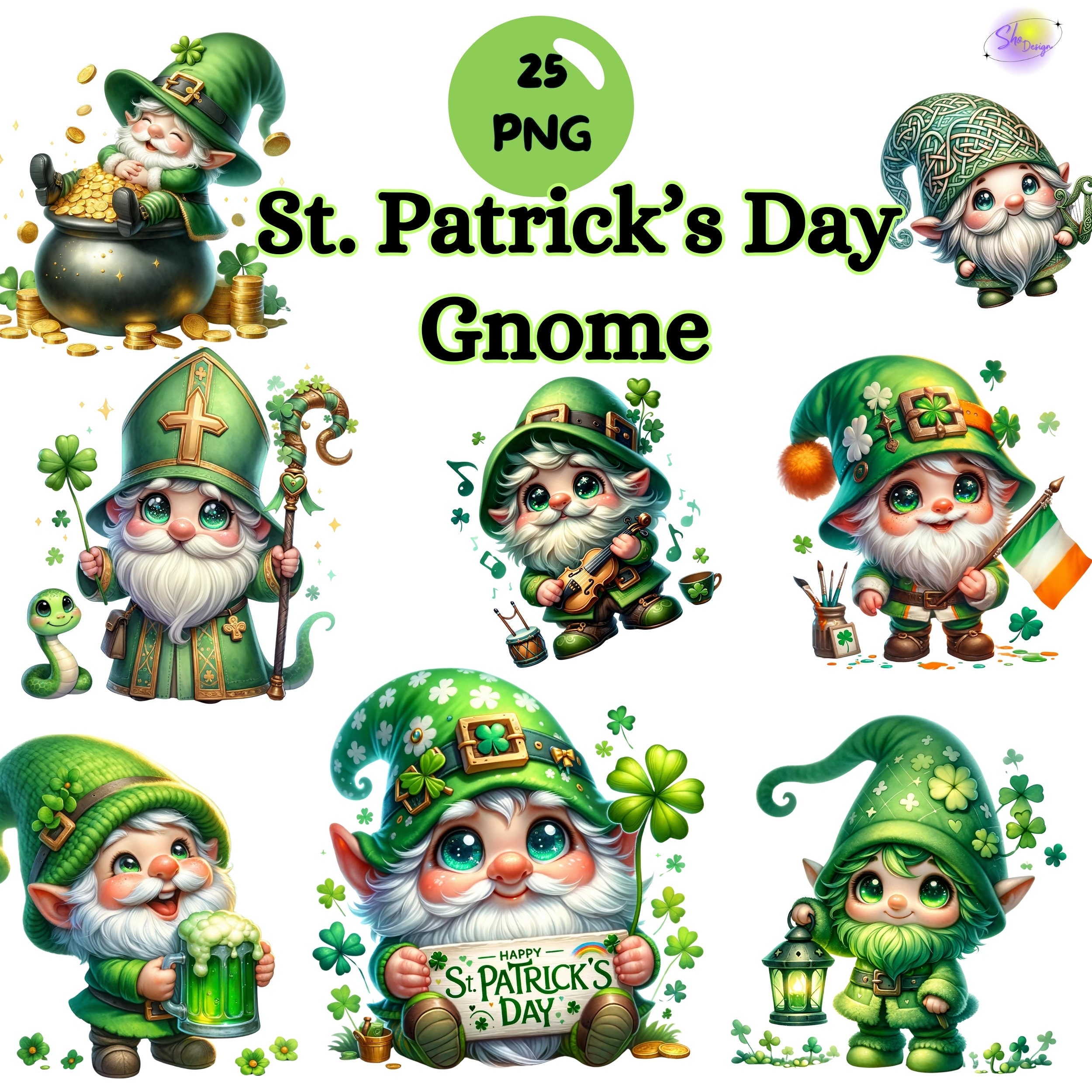 Watercolor Saint Patricks Gnomes Clipart, 25 PNG Festive Gnomes Clipart ...