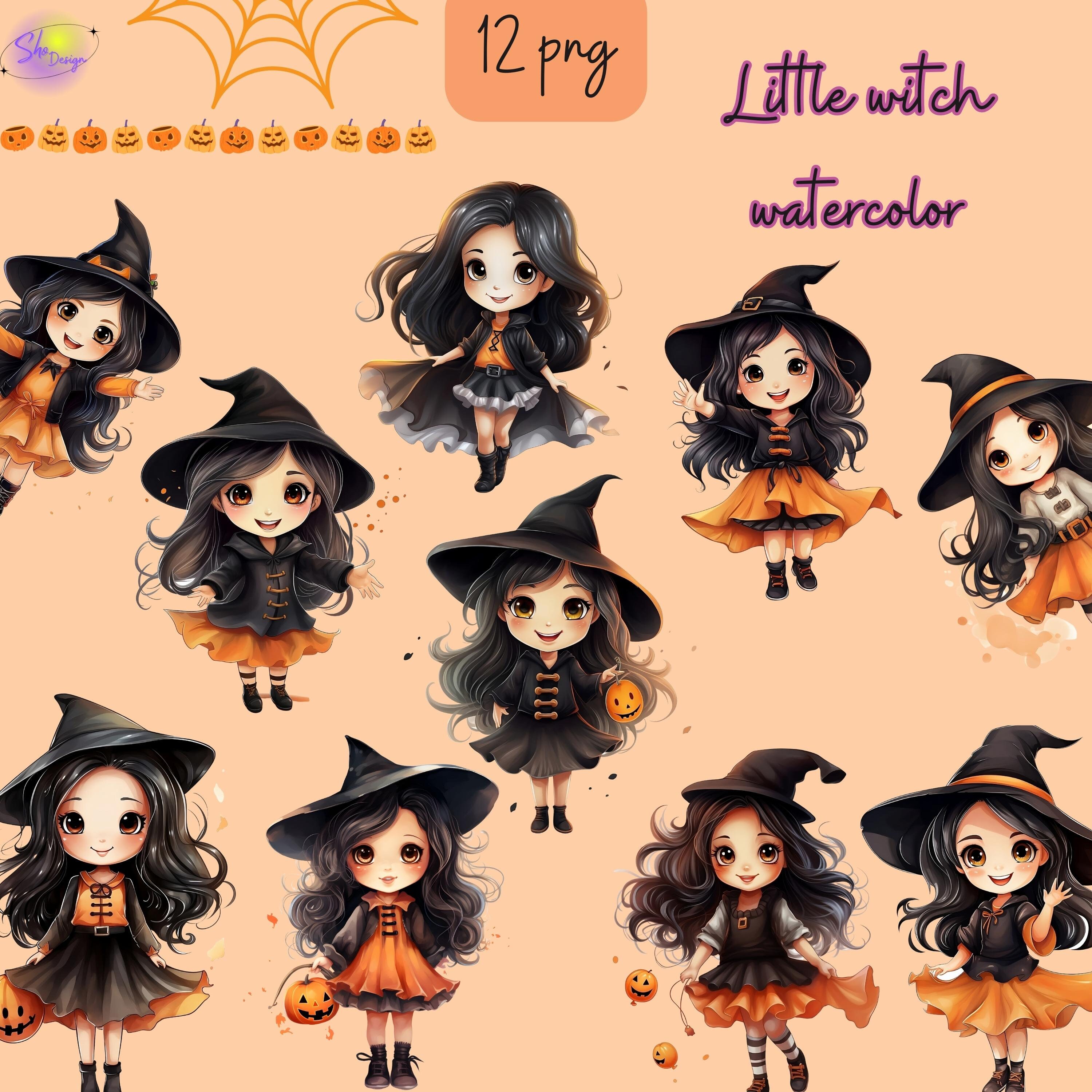 Witch, Cute Witch, Halloween Clipart, Watercolor Clipart, PNG, Kids ...