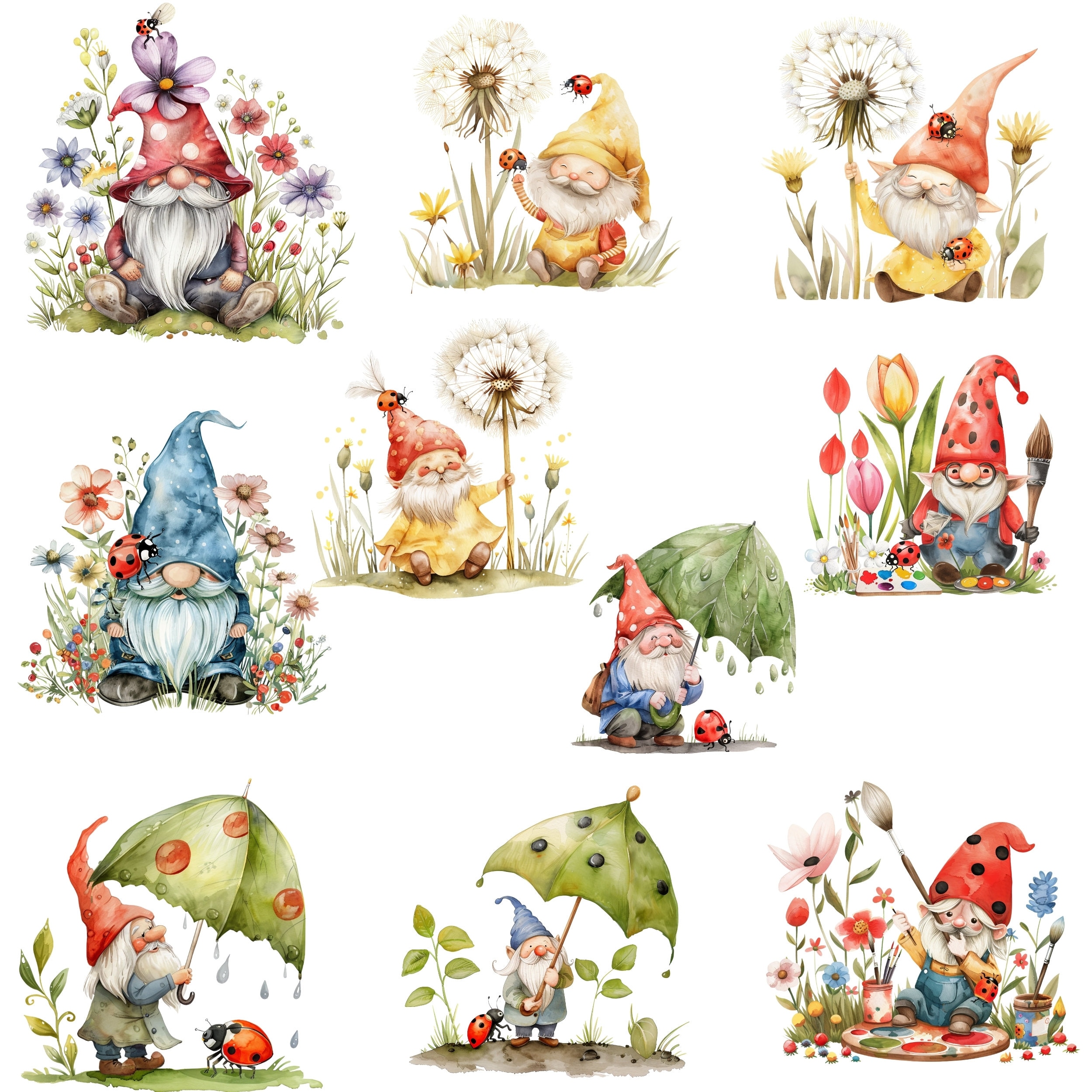 Lady Bug Gnome Watercolor Clipart Bundle, Gnome Png, Garden Gnome ...