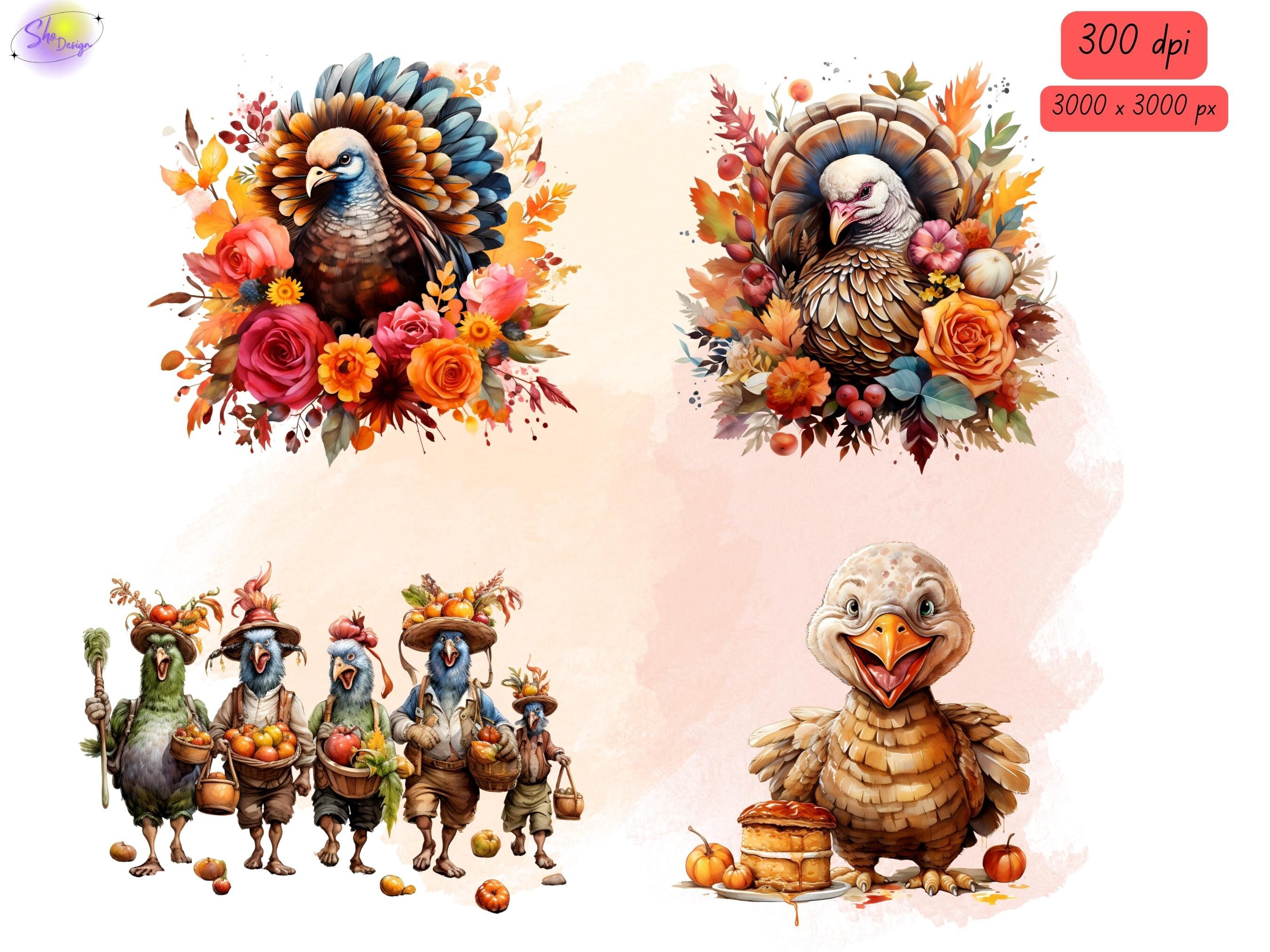 Turkeys Vintage Watercolor Clipart Set, High Resolution Thanksgiving ...
