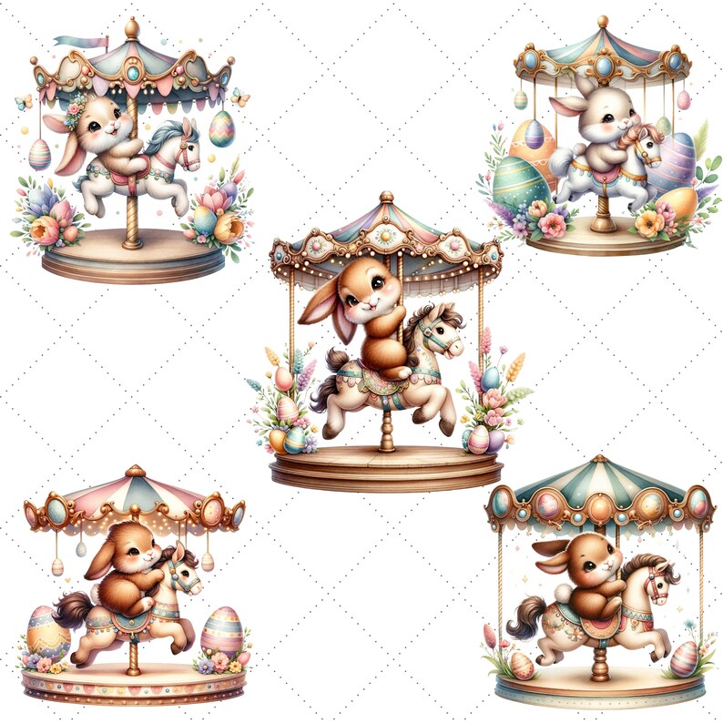 Easter Carousel Bunny Watercolor Clipart, Easter Rabbit PNG, Easter PNG ...