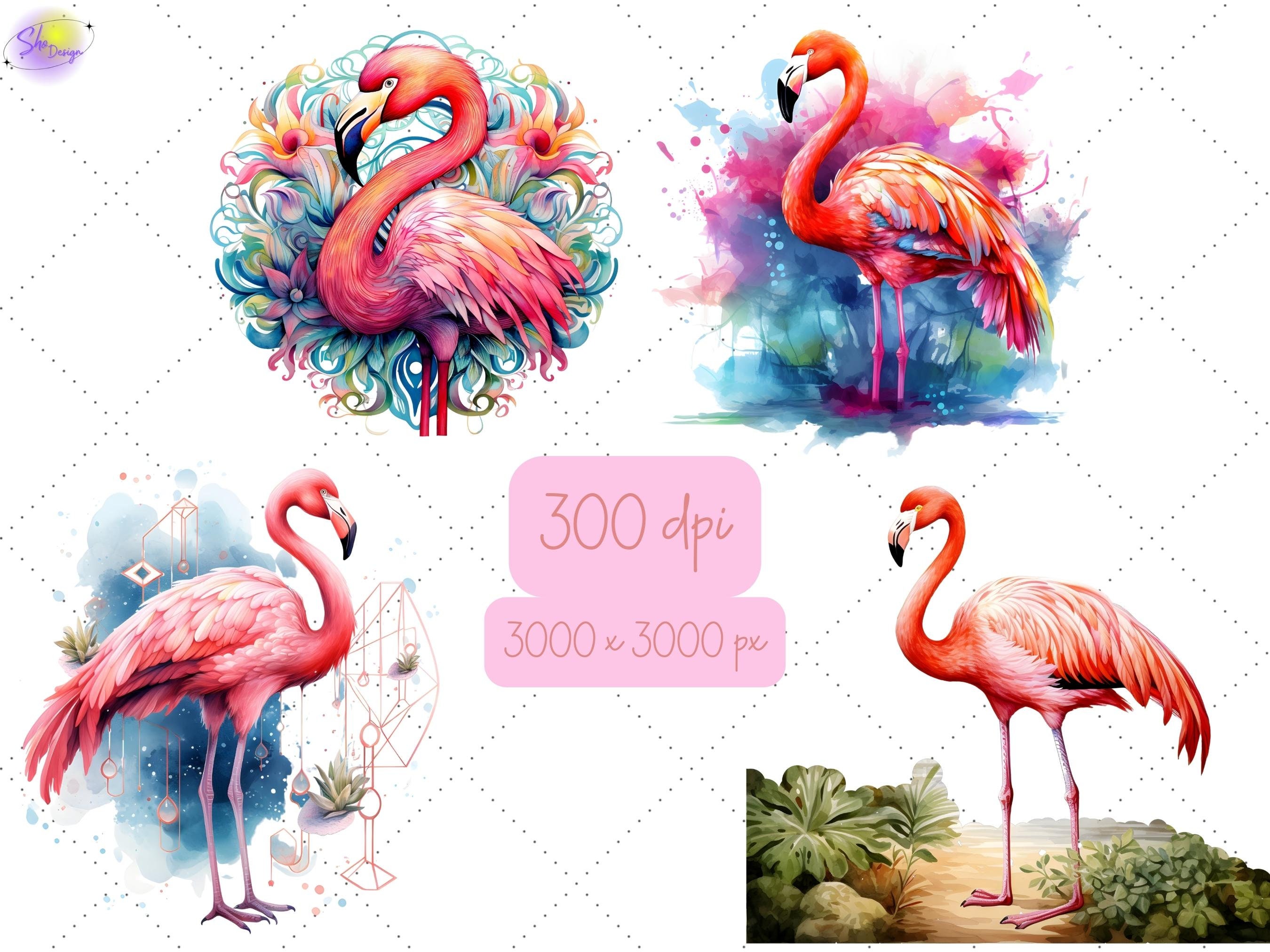 Watercolor Flamingo Clipart, Tropical Birds With Flowers in PNG Format ...