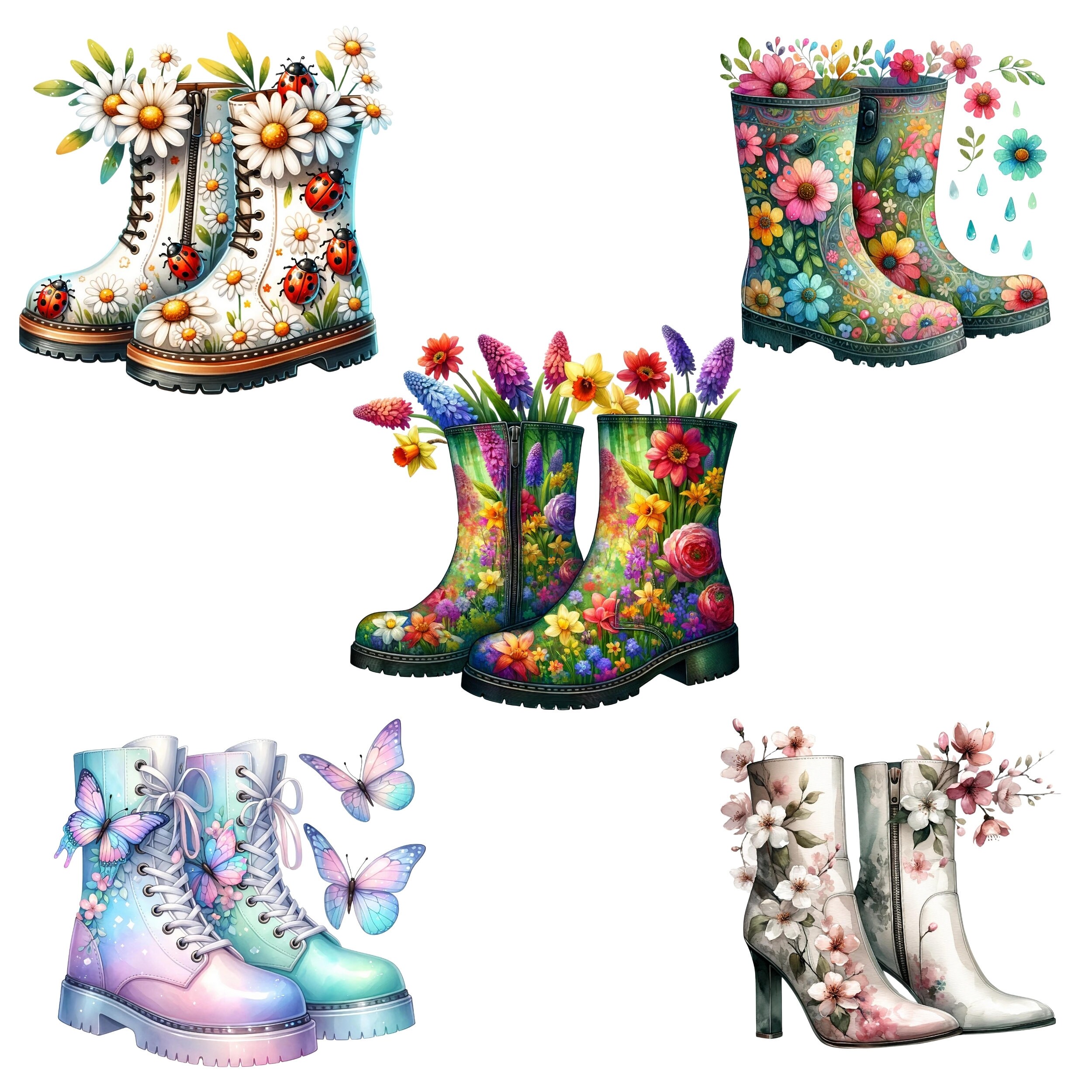 Garden Boots Watercolor Clipart Bundle, Spring PNG, Rain Boots, Flower ...