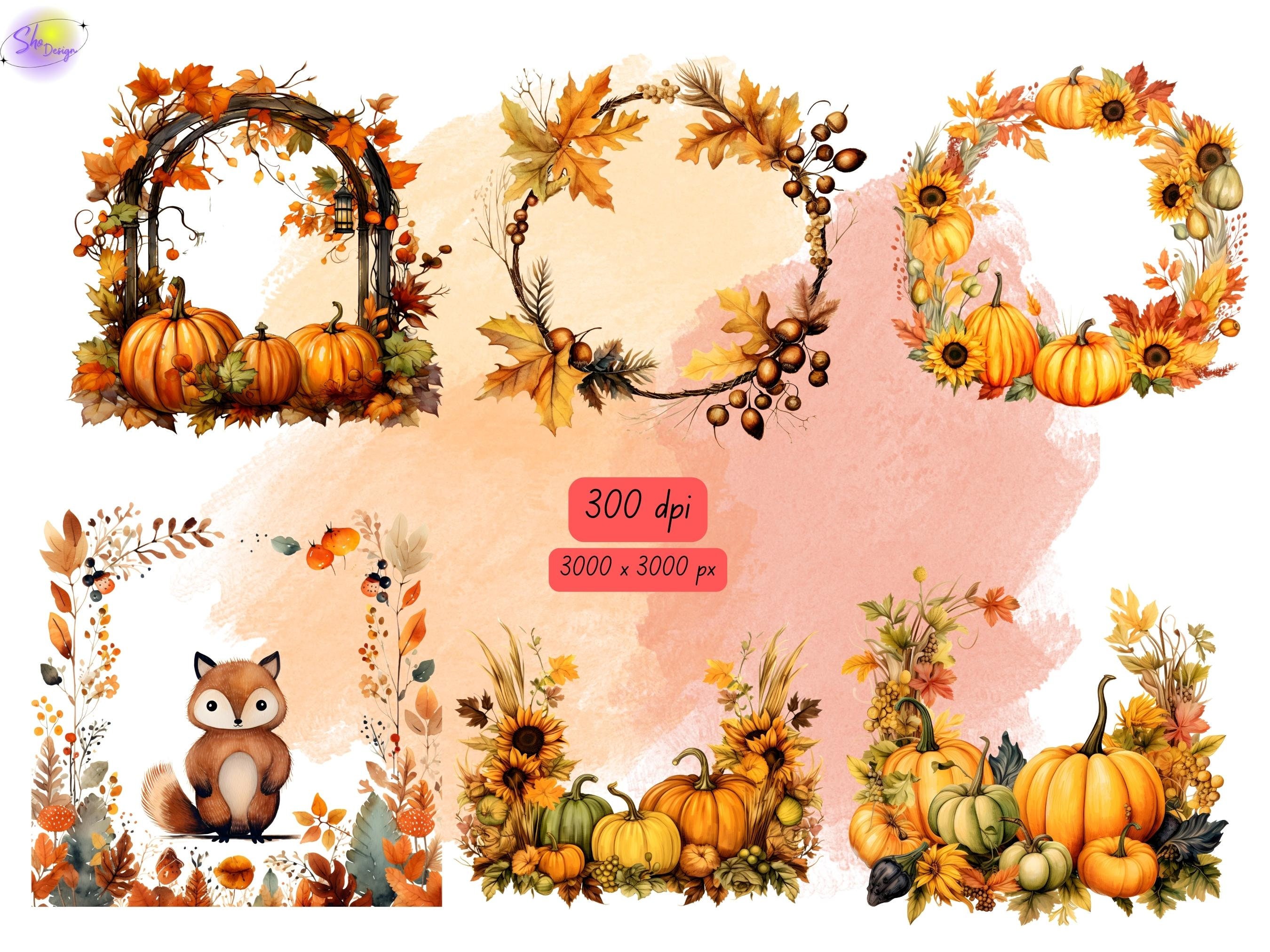 Thanksgiving Frames, Autumn Frames Watercolor Clipart, Fall Flowers ...