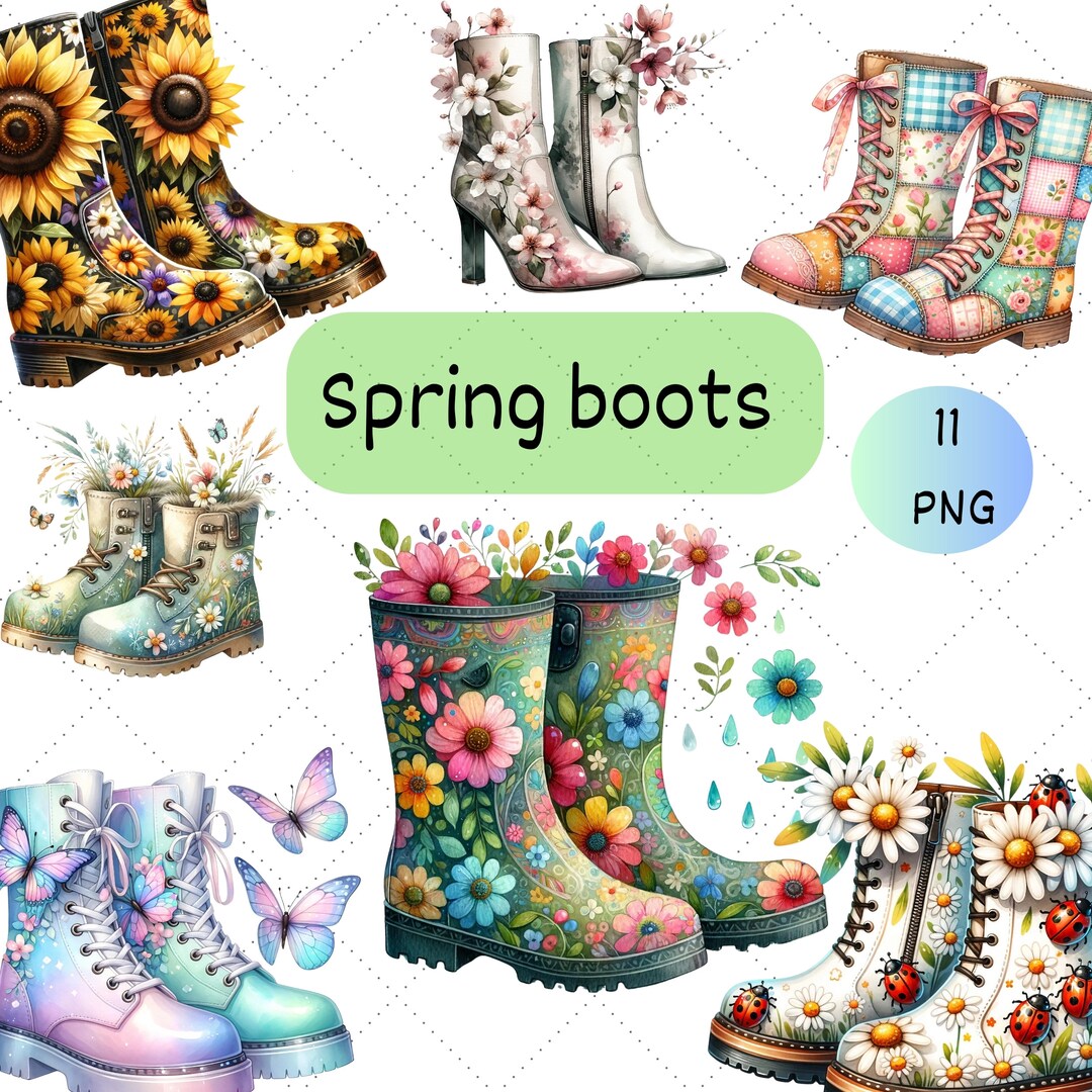 Garden Boots Watercolor Clipart Bundle, Spring PNG, Rain Boots, Flower ...