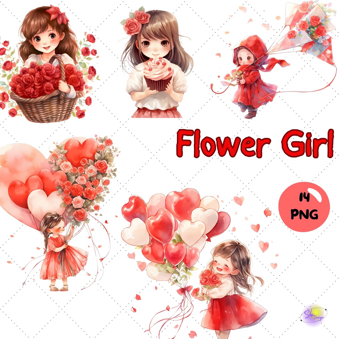 Valentines Girl Watercolor Clipart, Little Girl and Flowers PNG ...