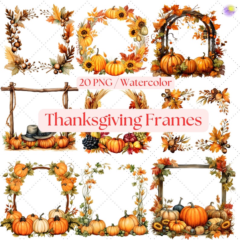 Thanksgiving Frames, Autumn Frames Watercolor Clipart, Fall Flowers ...