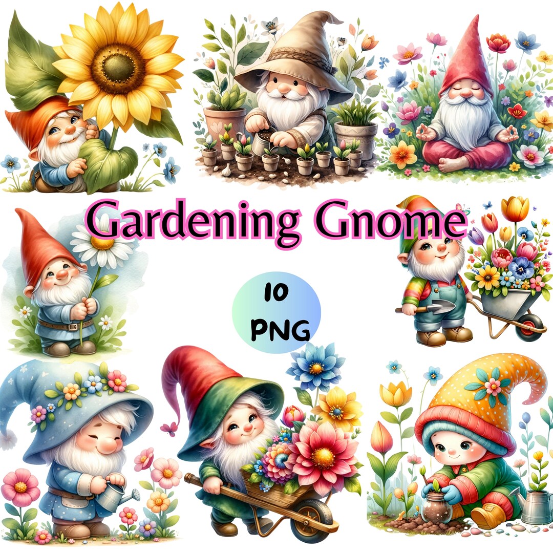 Watercolor Garden Gnome Clipart Bundle, Garden Clipart, Spring Gnome ...