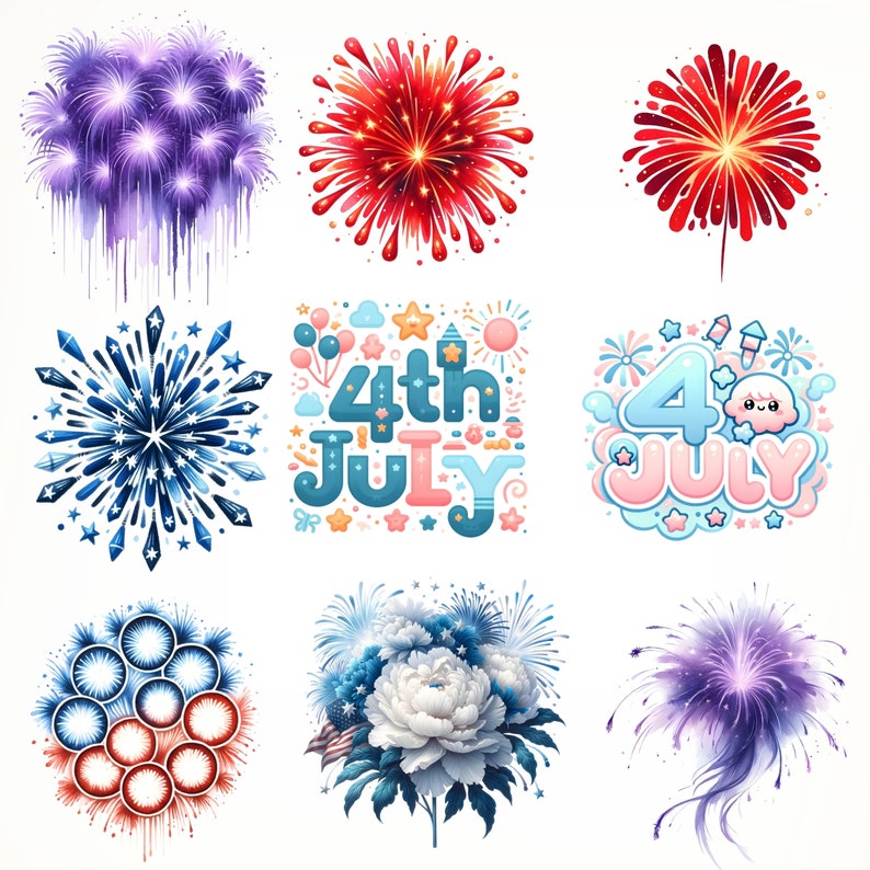 Watercolor 4th of July Fireworks Clipart Bundel, Fireworks PNG ...