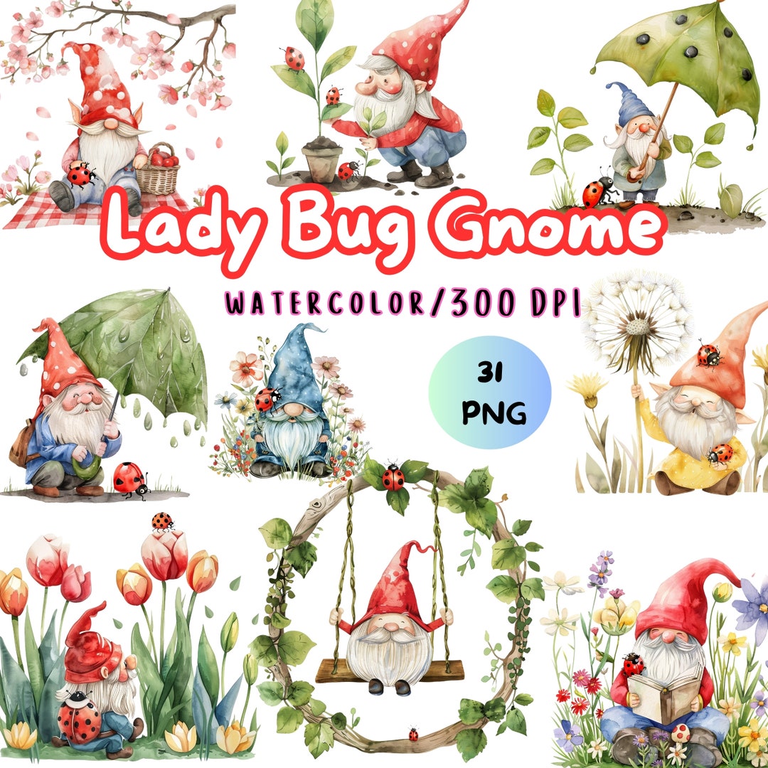 Lady Bug Gnome Watercolor Clipart Bundle, Gnome Png, Garden Gnome ...