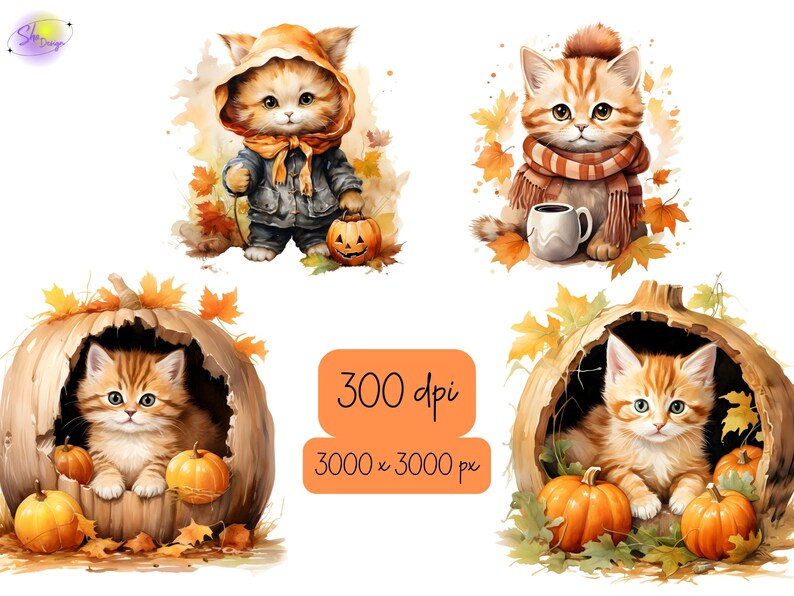 Orange Cat and Pumpkin, Autumn Png, Halloween Illustration, Watercolor ...