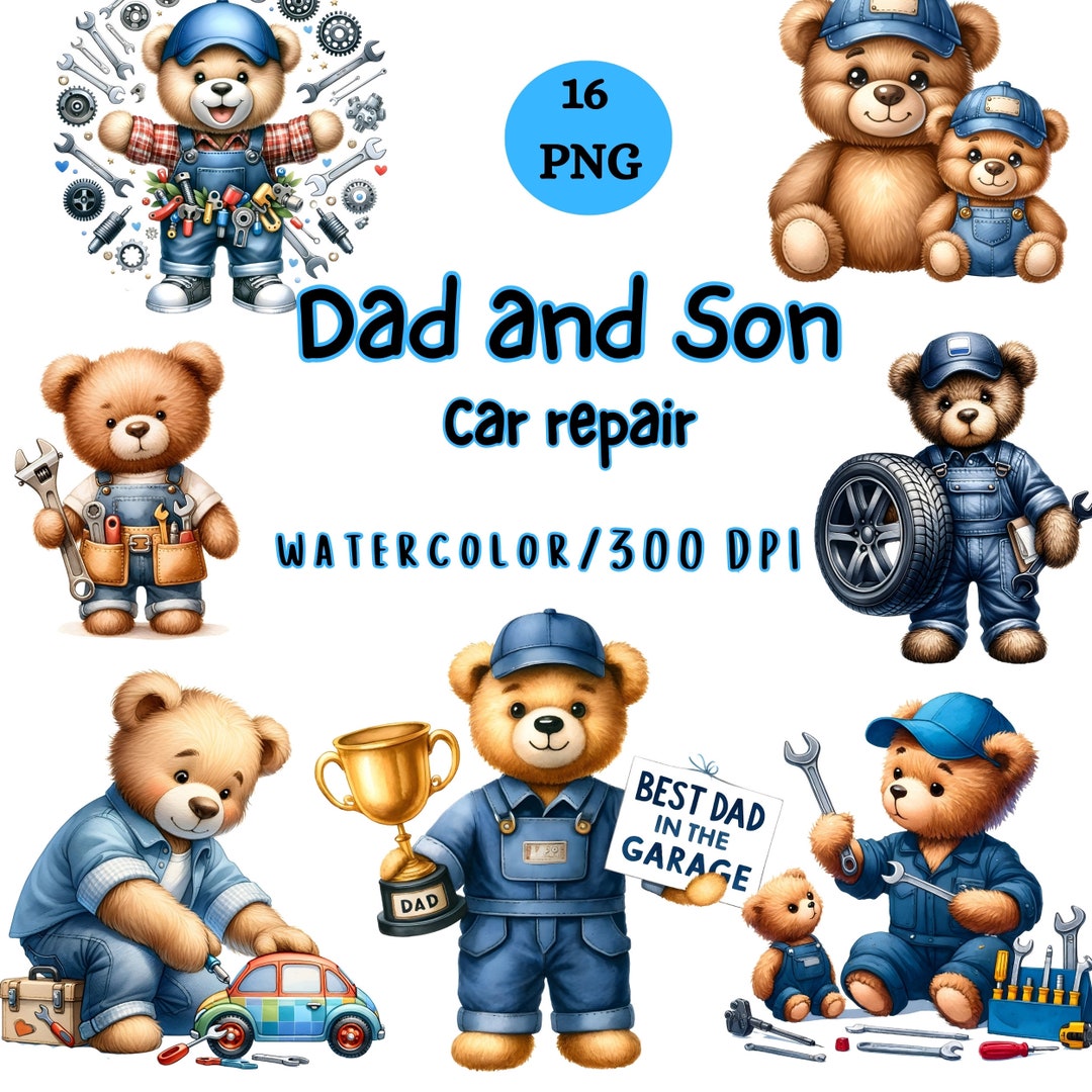 Watercolor Dad and Son Teddy Car Repair Bundle, Teddy Png, Dad Png ...