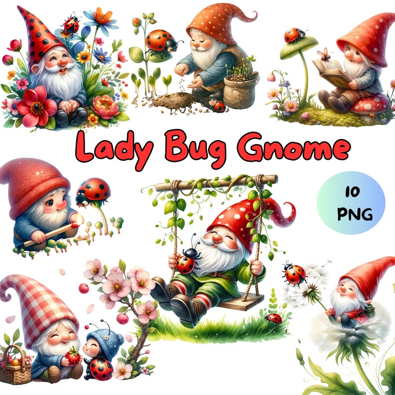 Lady Bug Gnome Watercolor Clipart Bundle, Gnome Png, Garden Gnome ...