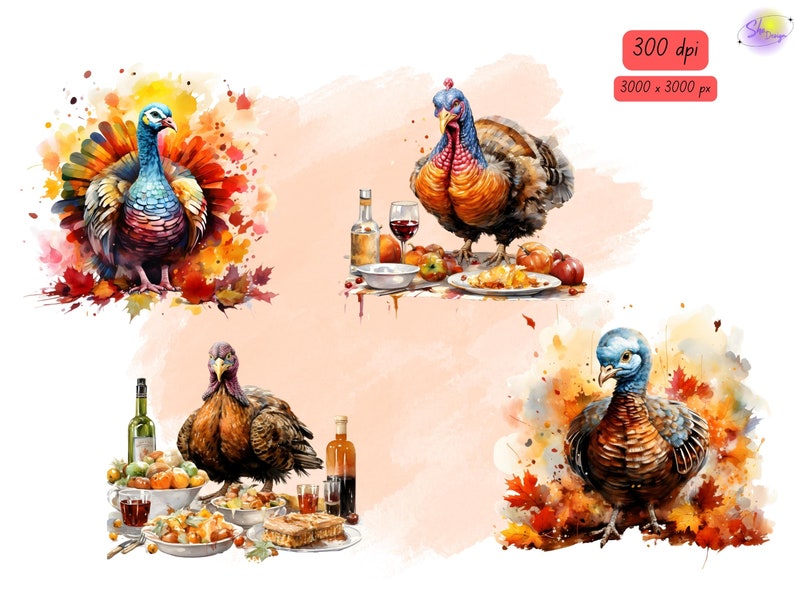Turkeys Vintage Watercolor Clipart Set, High Resolution Thanksgiving ...