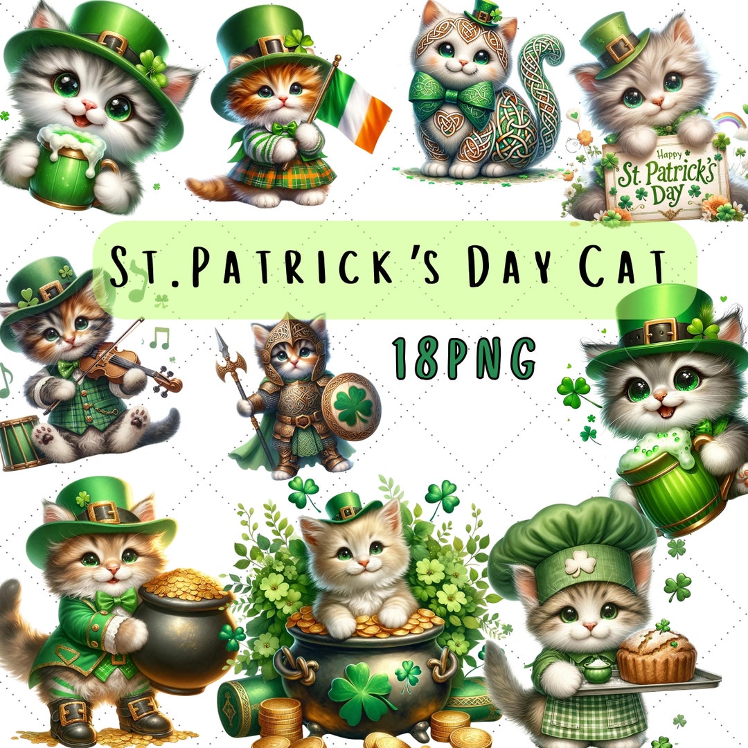 St Patrick's Day Cat Cliparts, Watercolor St Patricks Cat PNG, Cat With ...
