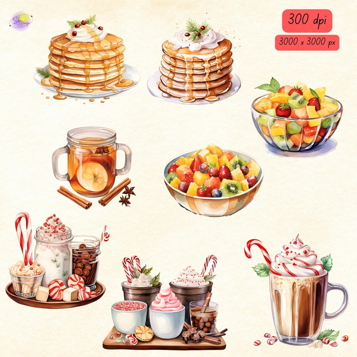 Christmas Brunch Clipart, Watercolor Clipart, Christmas Graphics PNG ...