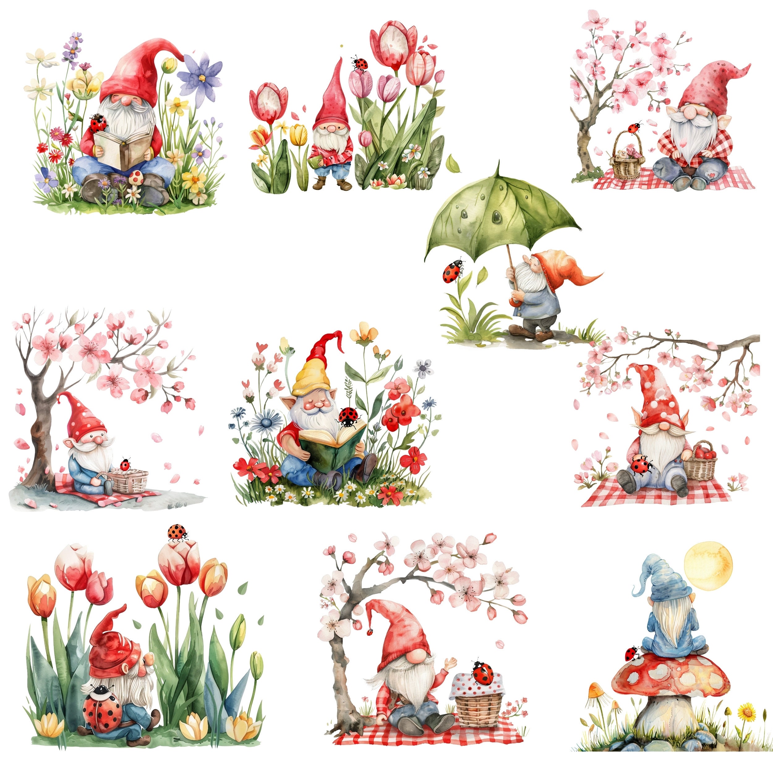 Lady Bug Gnome Watercolor Clipart Bundle, Gnome Png, Garden Gnome ...