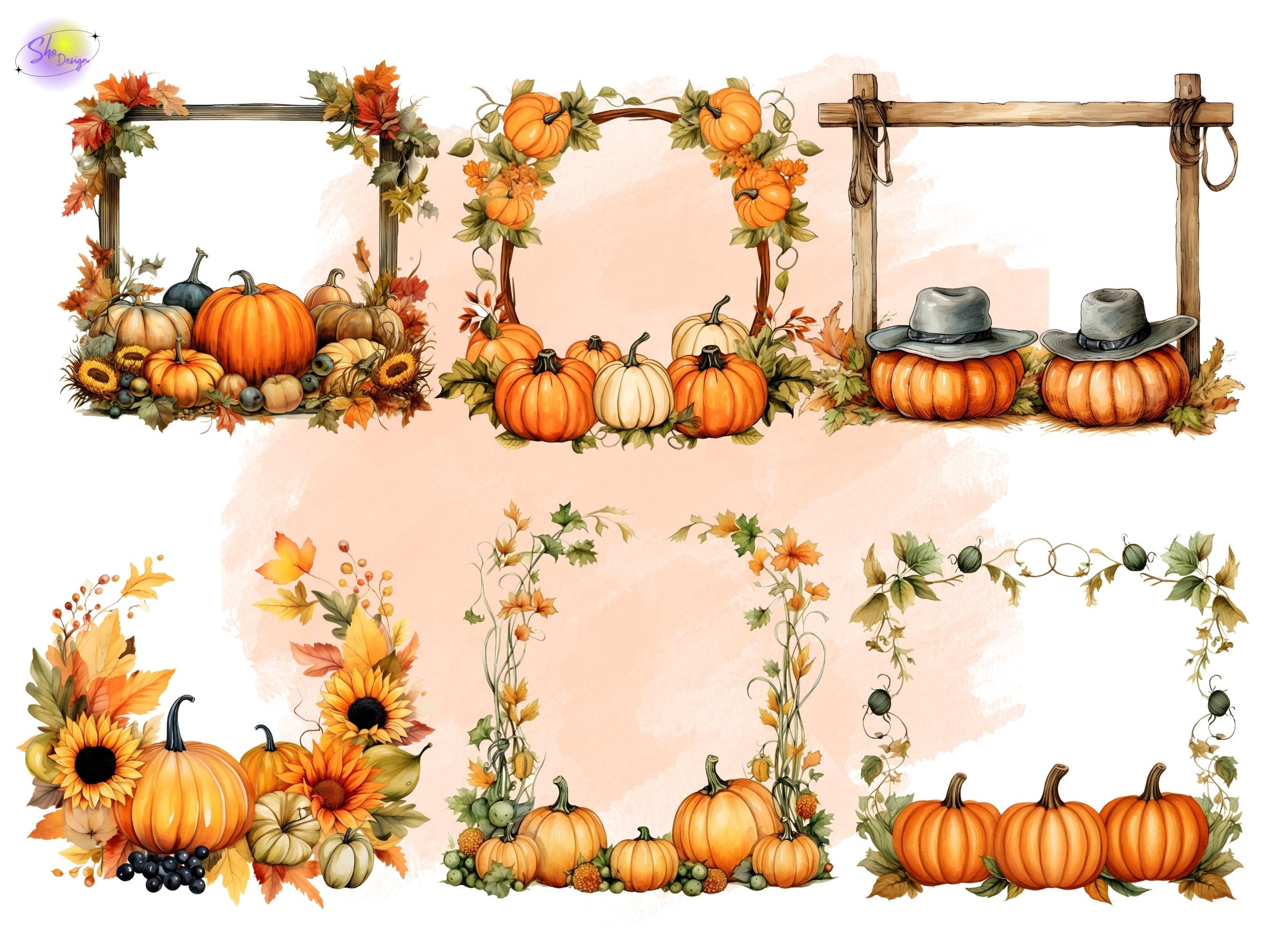 Thanksgiving Frames, Autumn Frames Watercolor Clipart, Fall Flowers ...