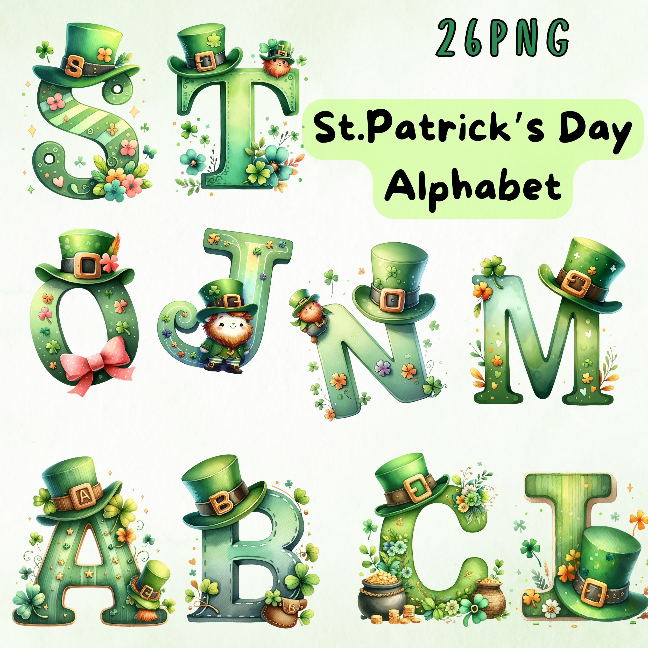 St Patrick Alphabet Clipart PNG Sublimation, Leprechaun Letters Clipart ...