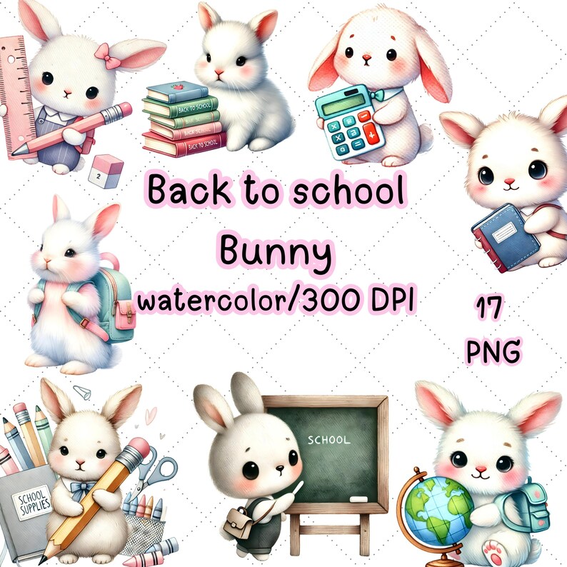 Back to School Bunny Bundle, Watercolor Bunny Clipart, Rabbit Png ...